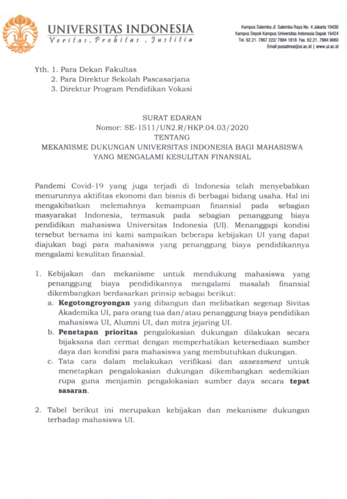 Rektor UI Rilis Surat Edaran Bantuan Biaya Pendidikan – Economica